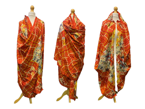 Red & Orange Printed Cotton Mix Large Scarf/Wrap With A Bordered Design ...