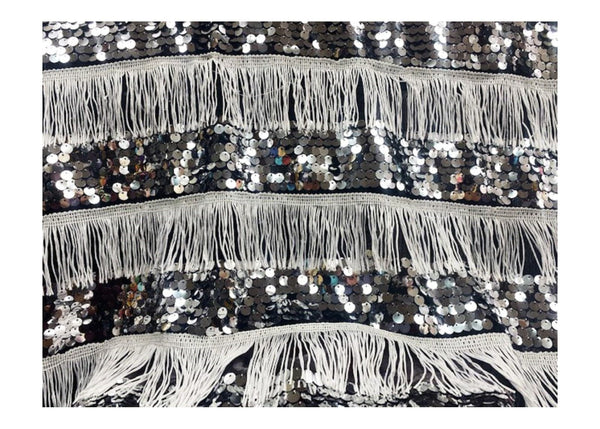 Black With White Fringing - Silver Sequinned Fabric | Cheap Fabrics